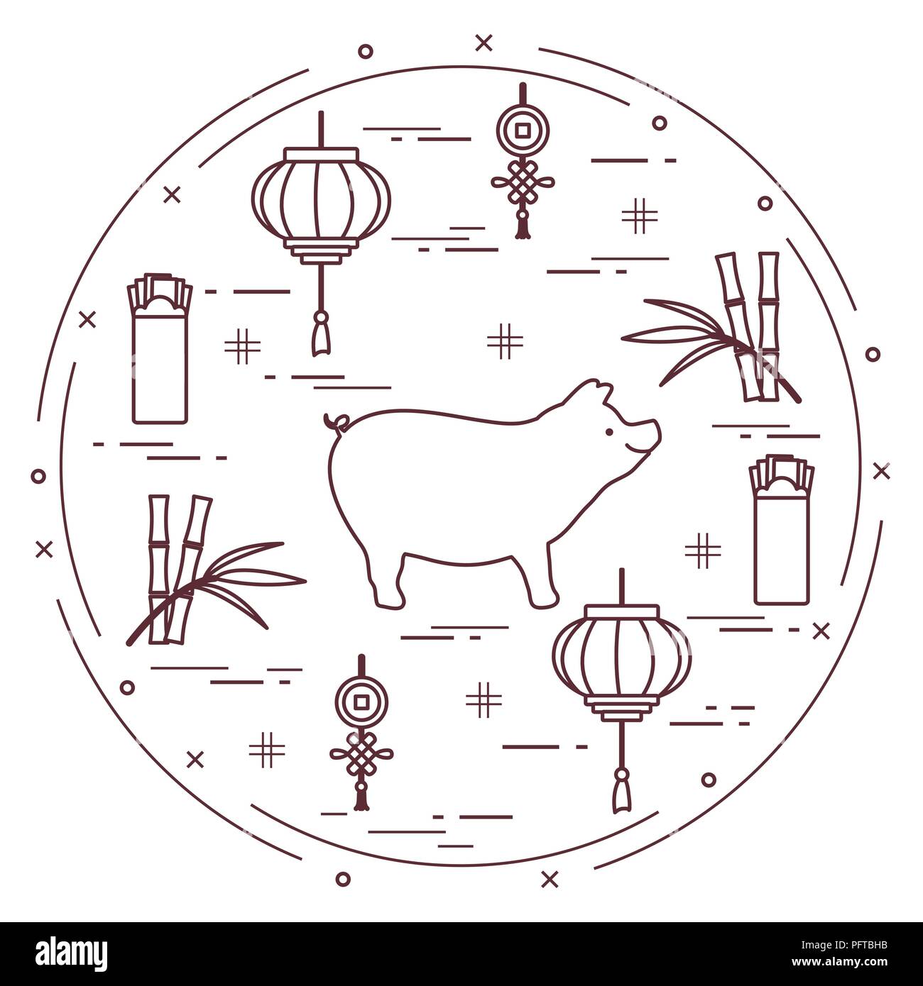 Happy New Year 2019 card. Chinese New Year symbols. Pig, lantern ...