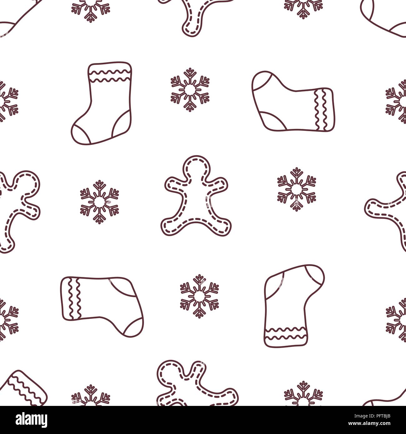 Seamless pattern with gingerbread man, christmas socks, snowflakes ...