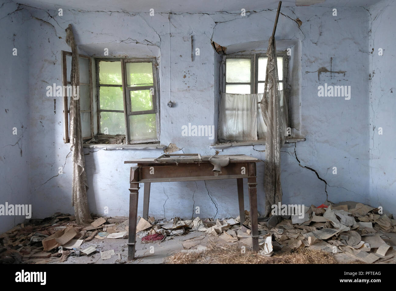 Interior of an old Jewish house in the town of Sataniv which was once ...