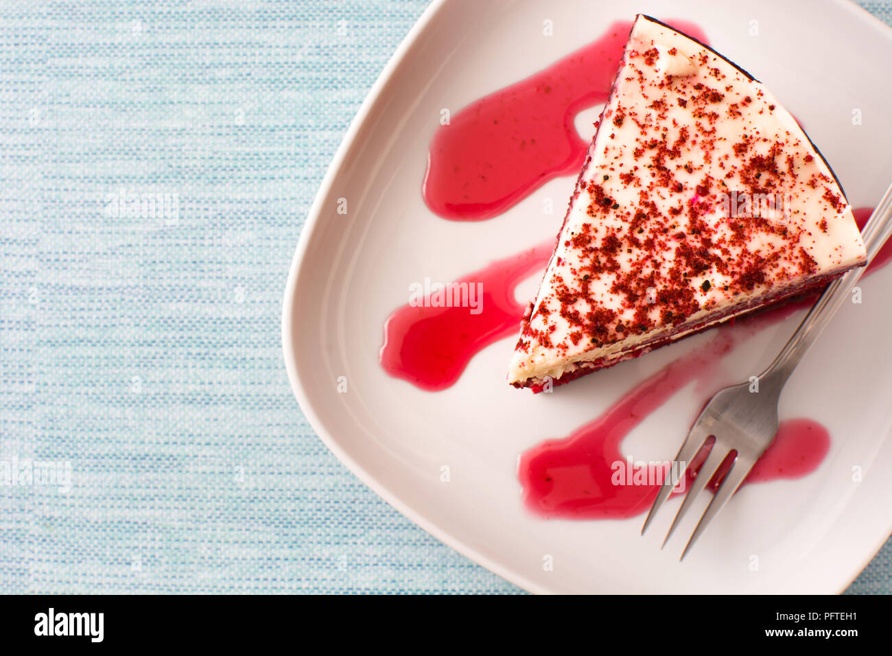 Red Velvet cake slice on blue background. Top view. Copyspace Stock ...