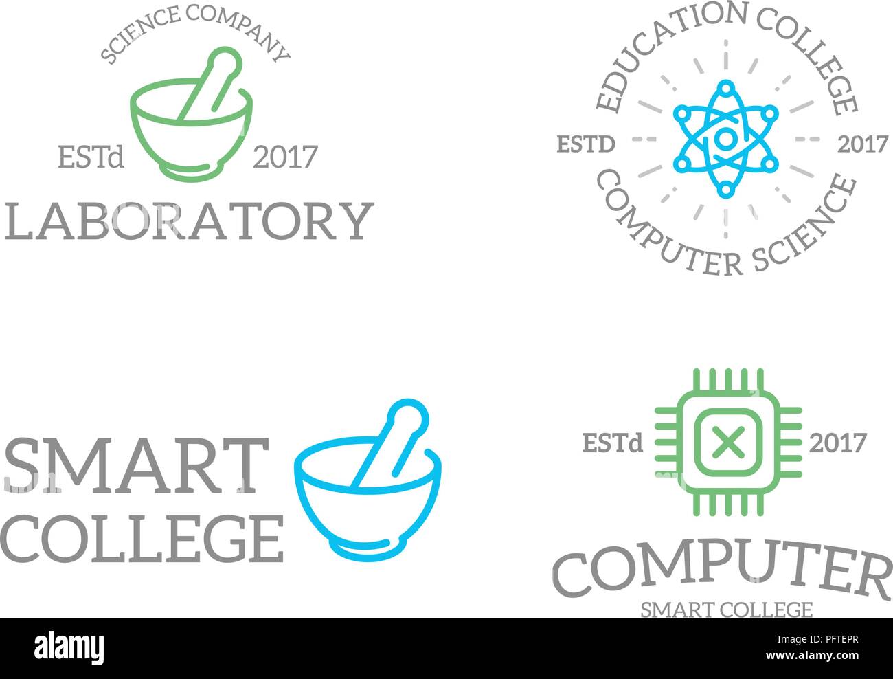 Set of retro vintage chip, atom, tube, molecule, lab logo or insignia ...