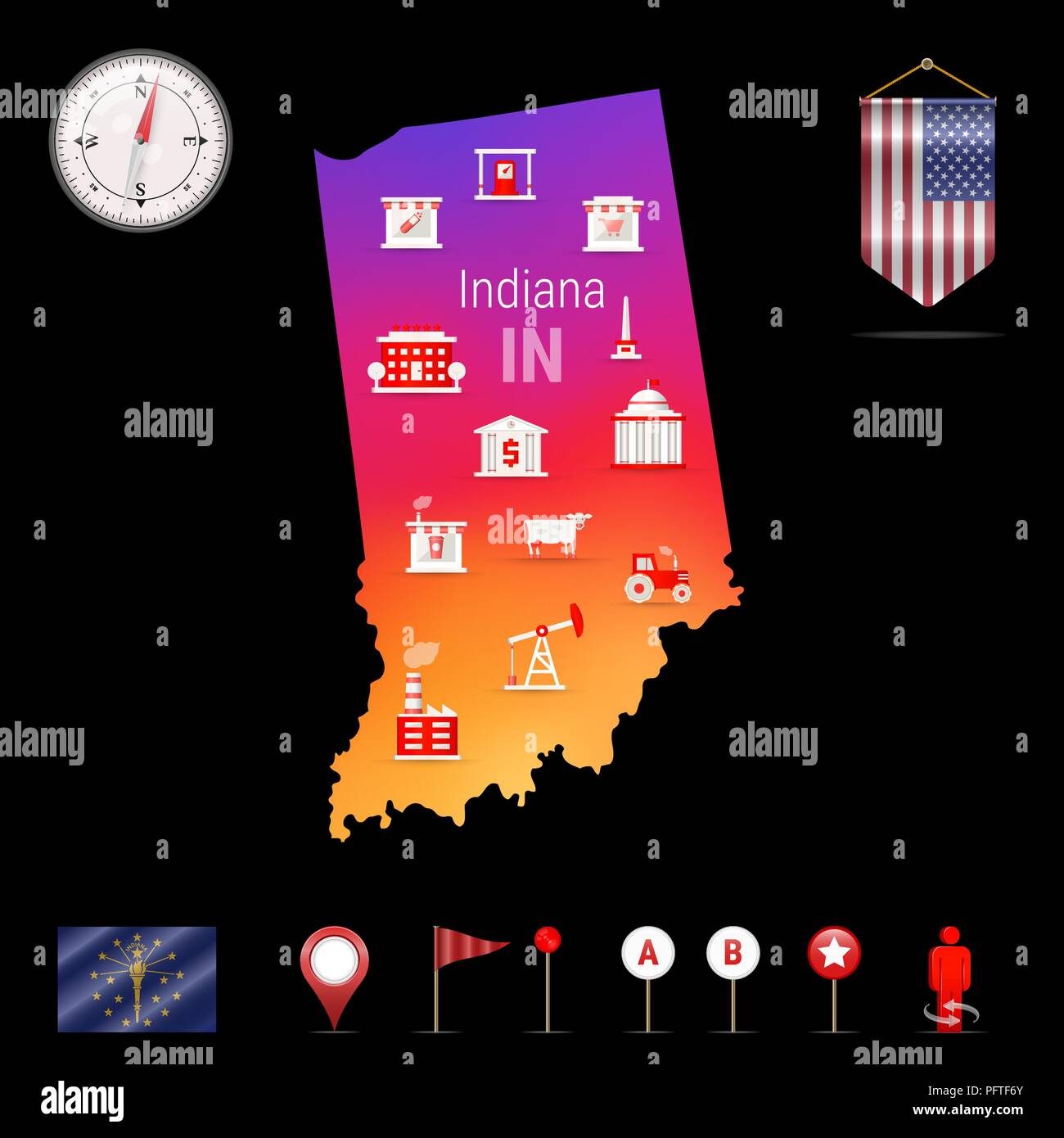 Indiana Vector Map, Night View. Compass Icon, Map Navigation Elements ...