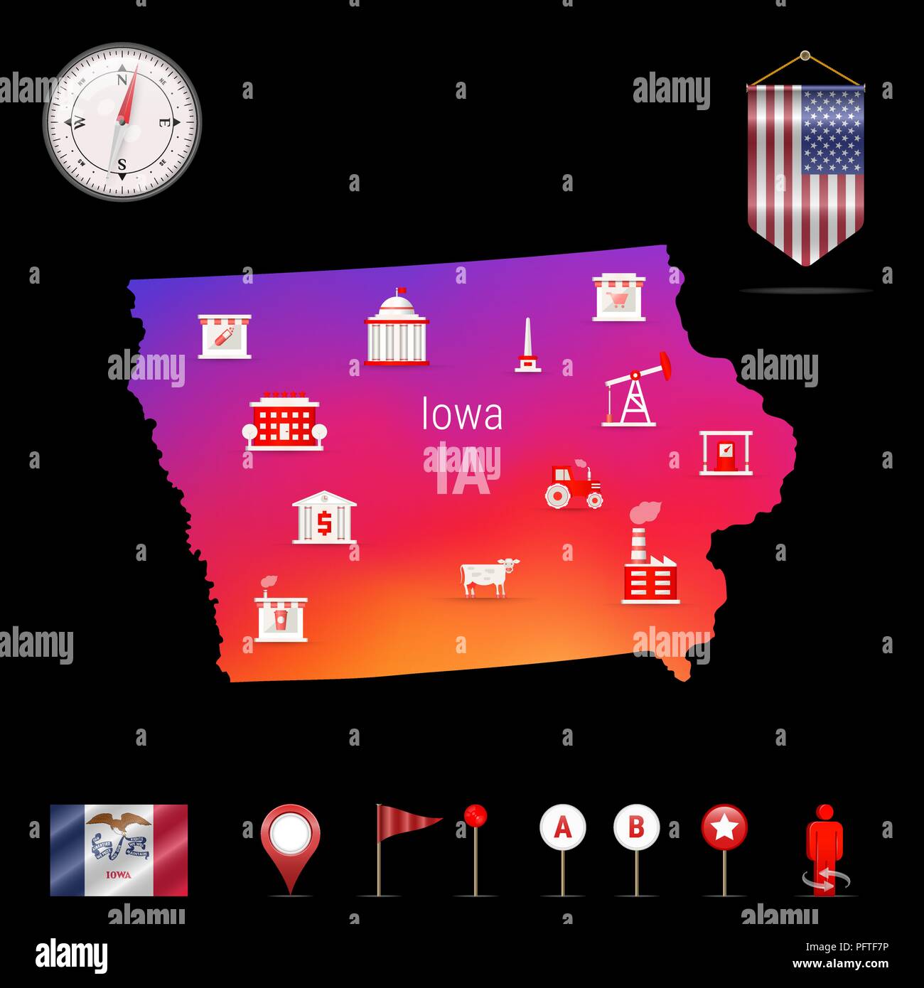 Iowa Vector Map, Night View. Compass Icon, Map Navigation Elements ...