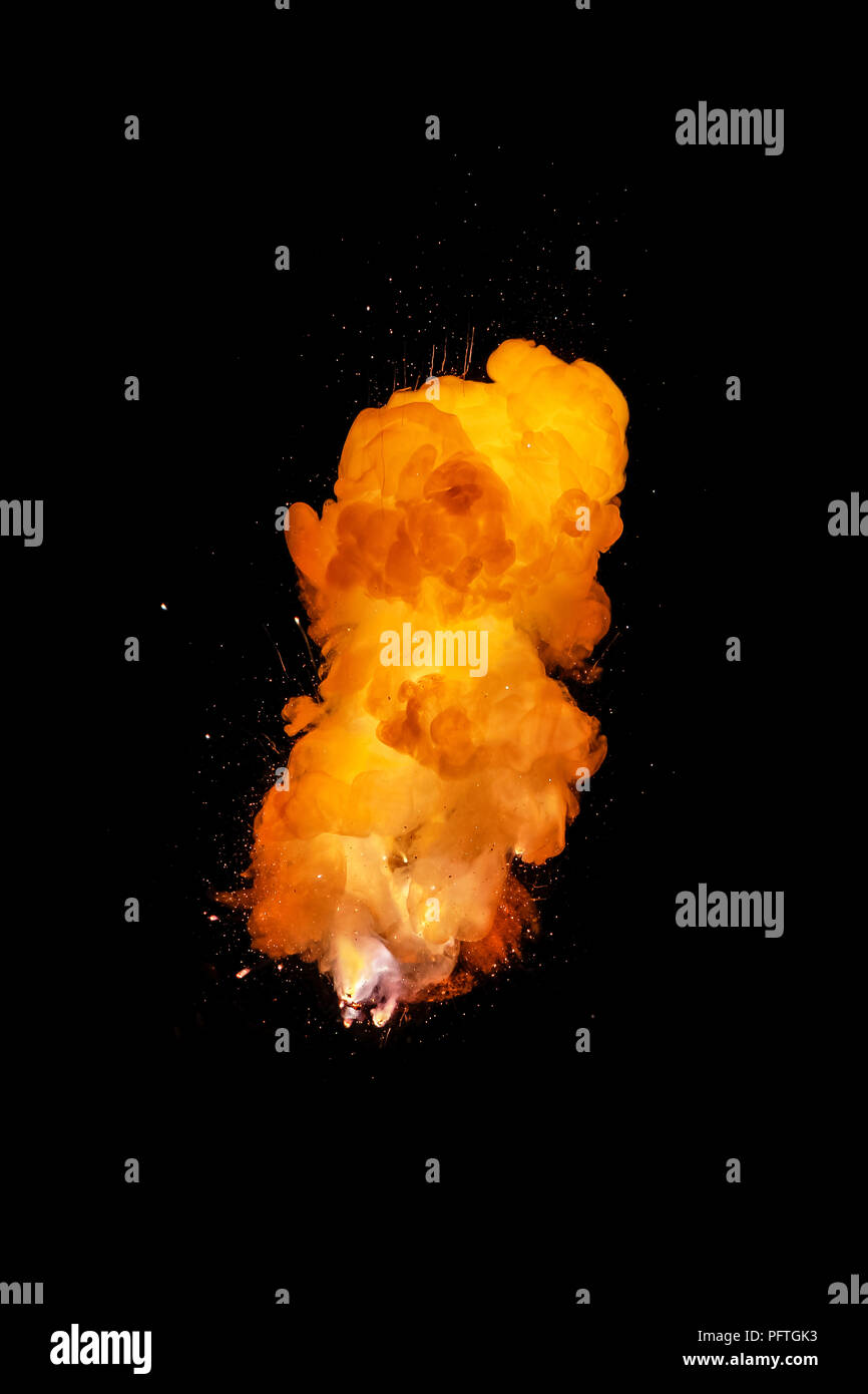 Realistic fiery vertical explosion, orange color with sparks isolated ...