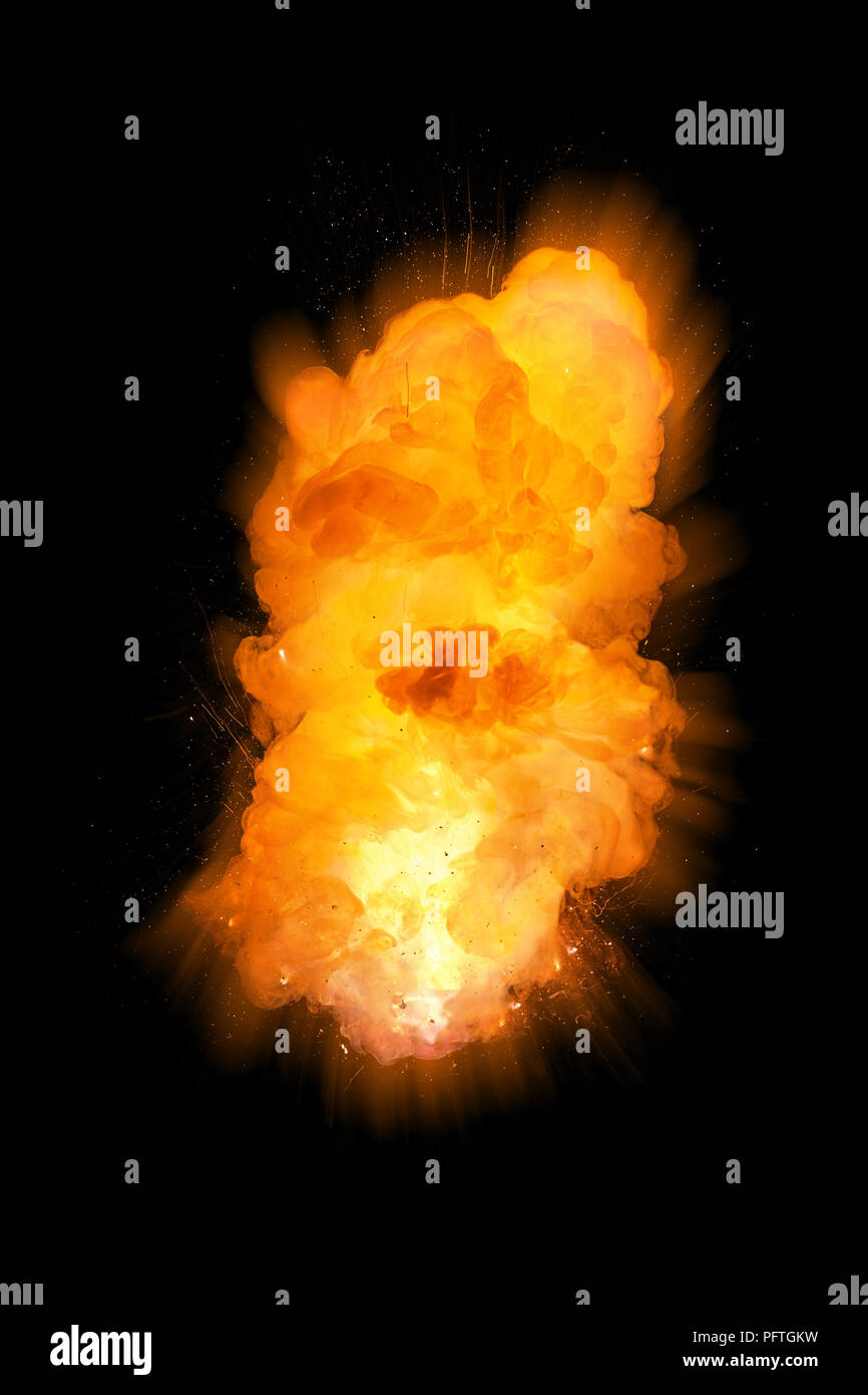 Realistic fiery vertical explosion, orange color with sparks isolated ...