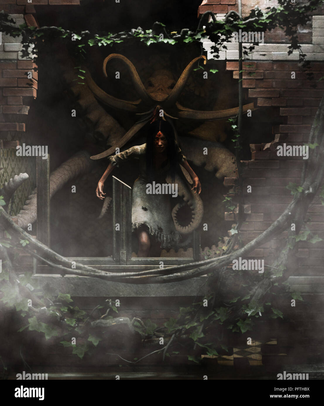 Devil and Monster in haunted house,3d illustration Stock Photo - Alamy