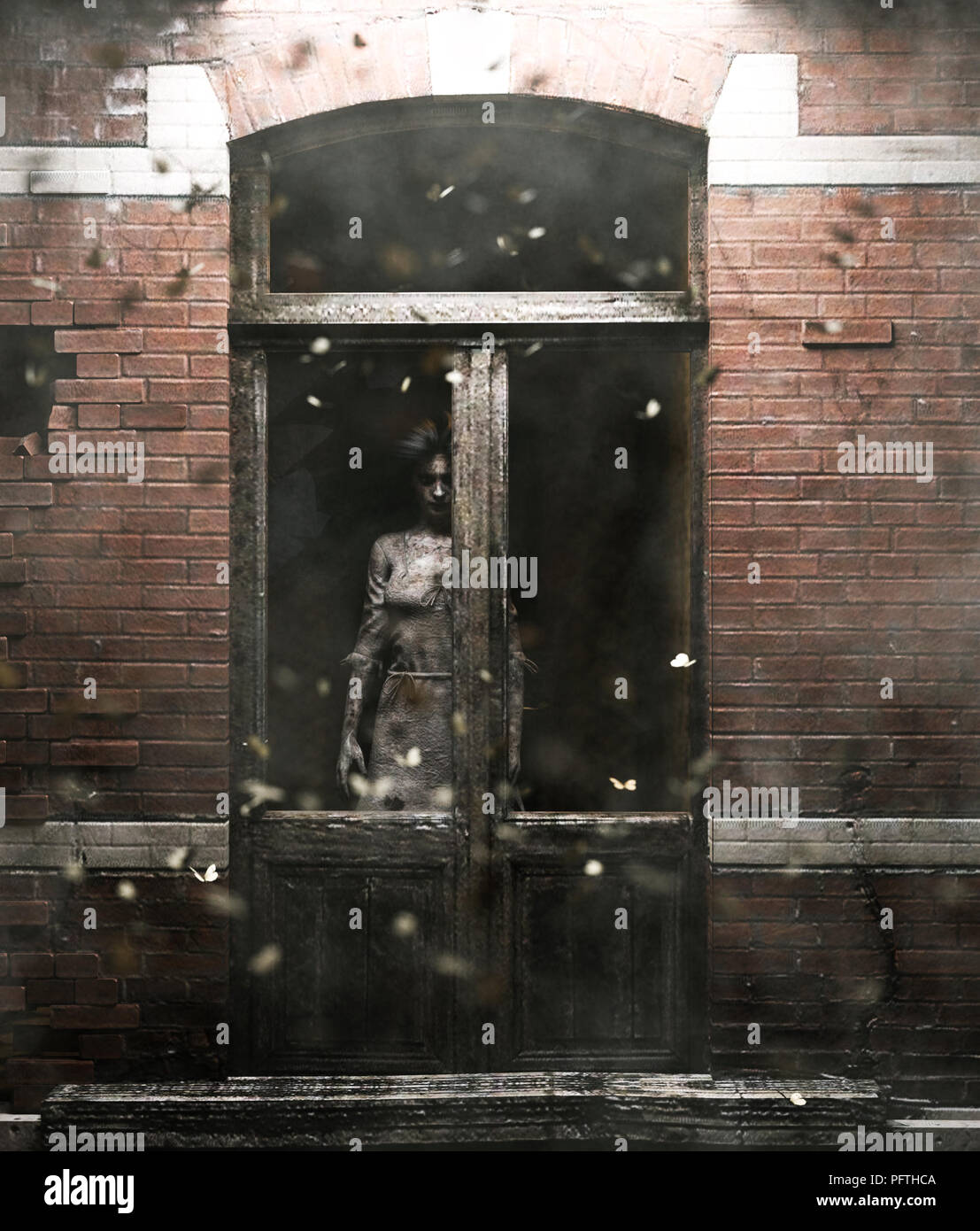 Ghost woman behind the window in ruined building,3d illustration for ...