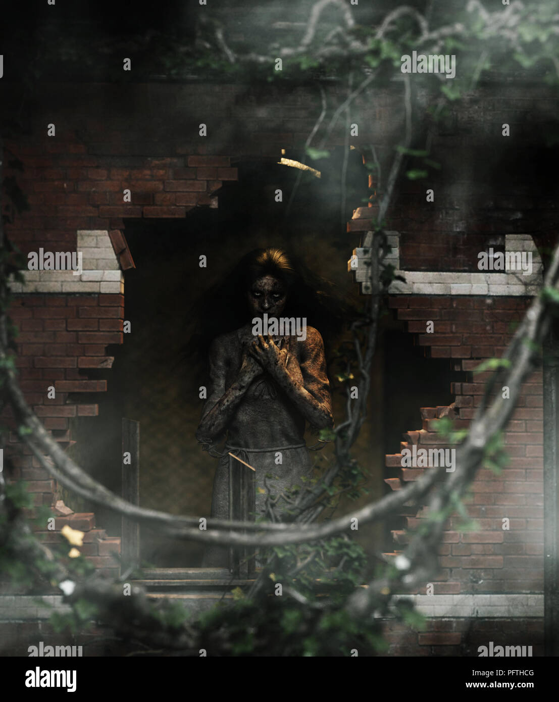Death's innocent,Ghost woman in ruin building,3d illustration for book ...