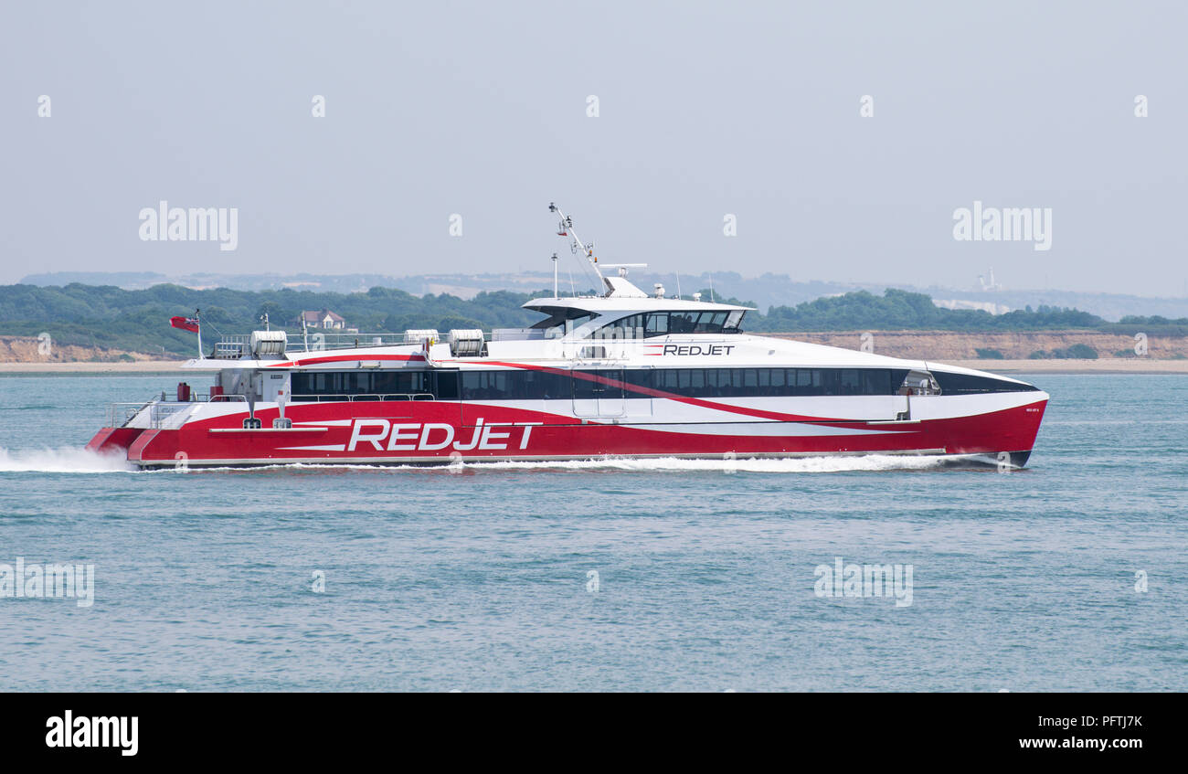 Calshot, United Kingdom - July 21 2018: The catamaran Red Jet 6 on it's ...