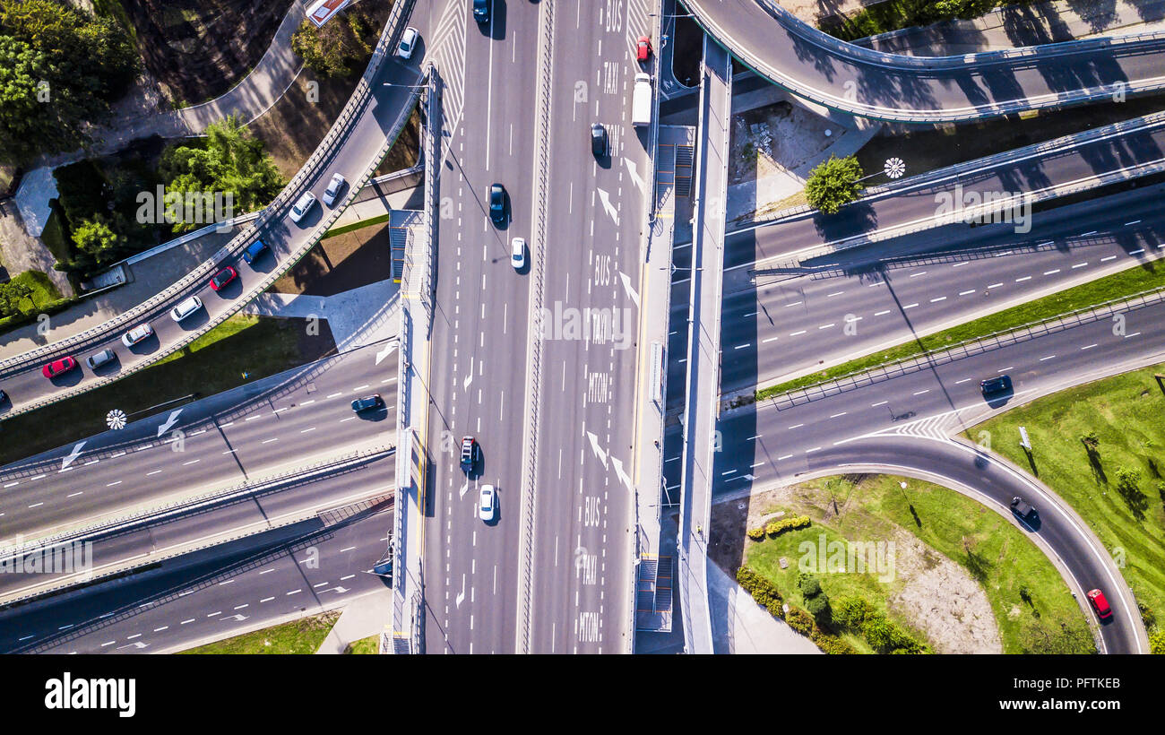 Highway and overpass with cars and trucks, interchange, two-level road ...