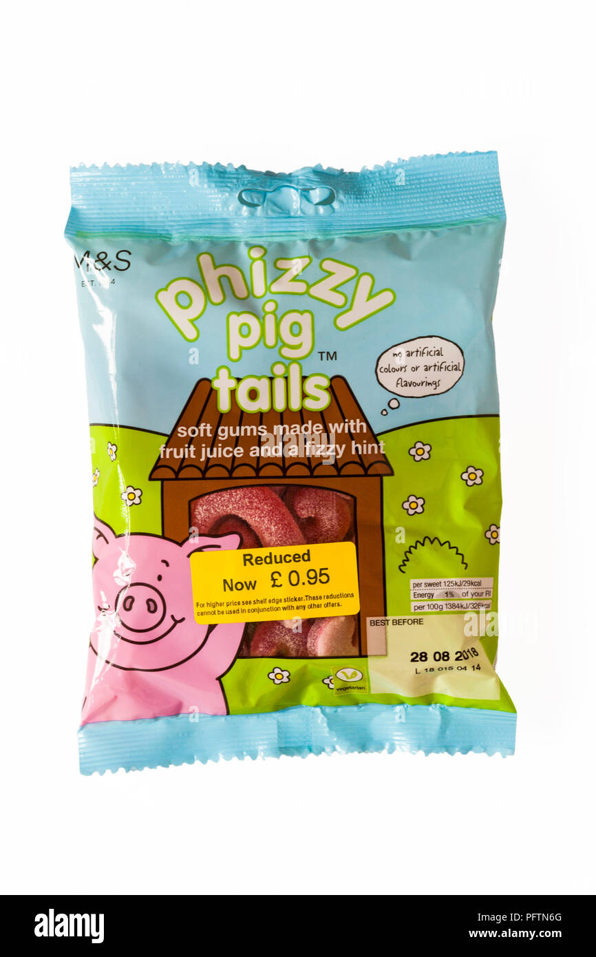 Packet of M&S phizzy pig tails soft gums made with fruit juice and a fizzy hint reduced to 95p ...