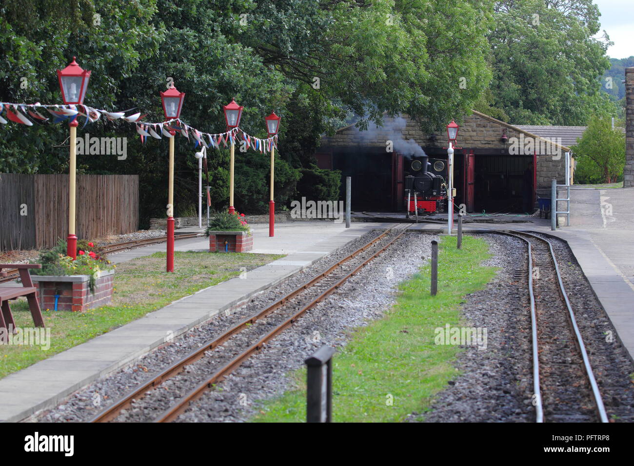 A narrow gauge steam train sits idle outside an engine shed at Kirklees ...