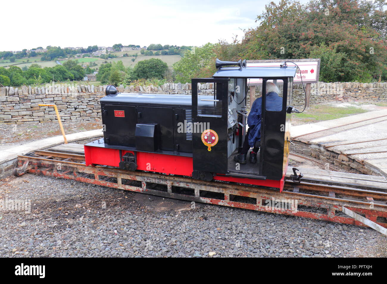A narrow gauge diesel train on a turntable at Kirklees Light Railway ...