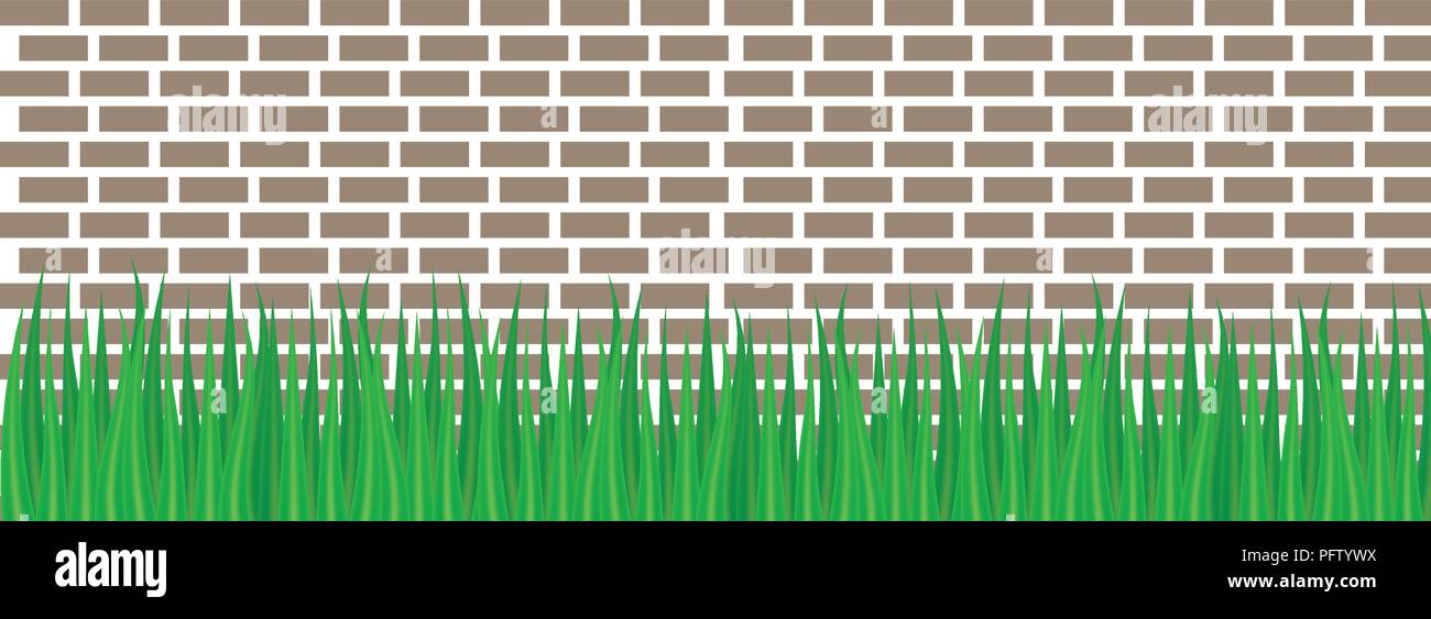 Vector illustration. Red brick wall and green grass from below Stock ...