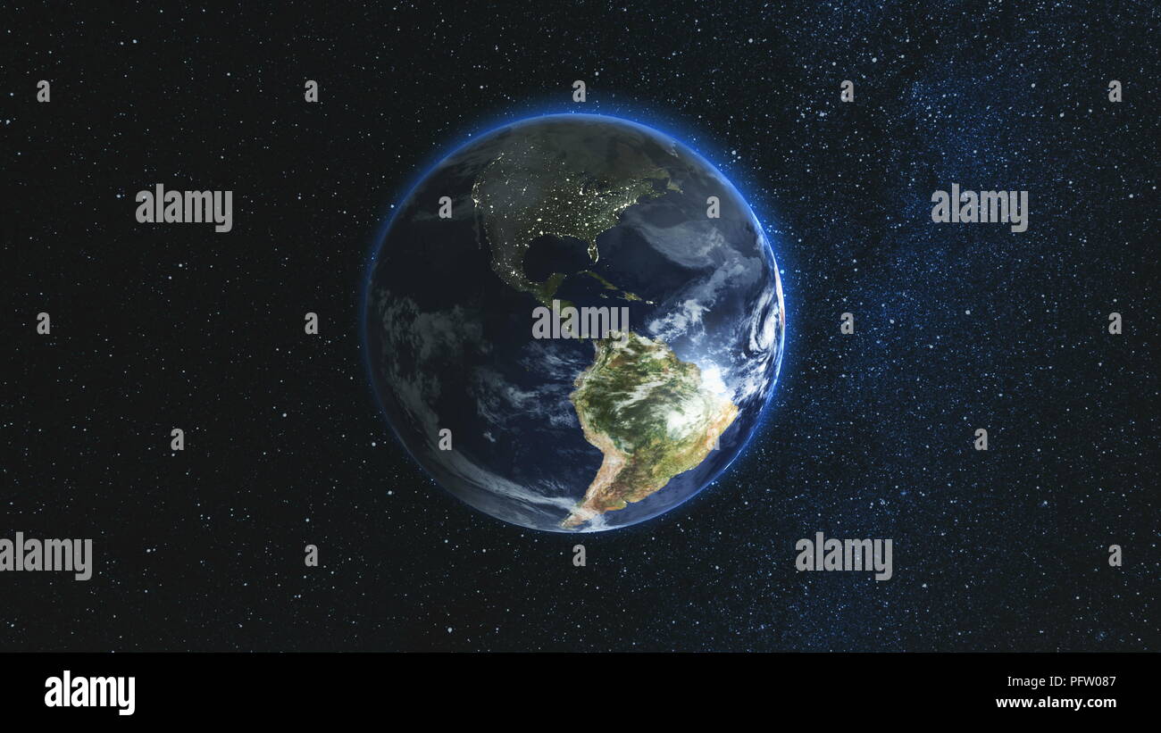 Realistic Earth Planet, rotating on its axis in space against the ...