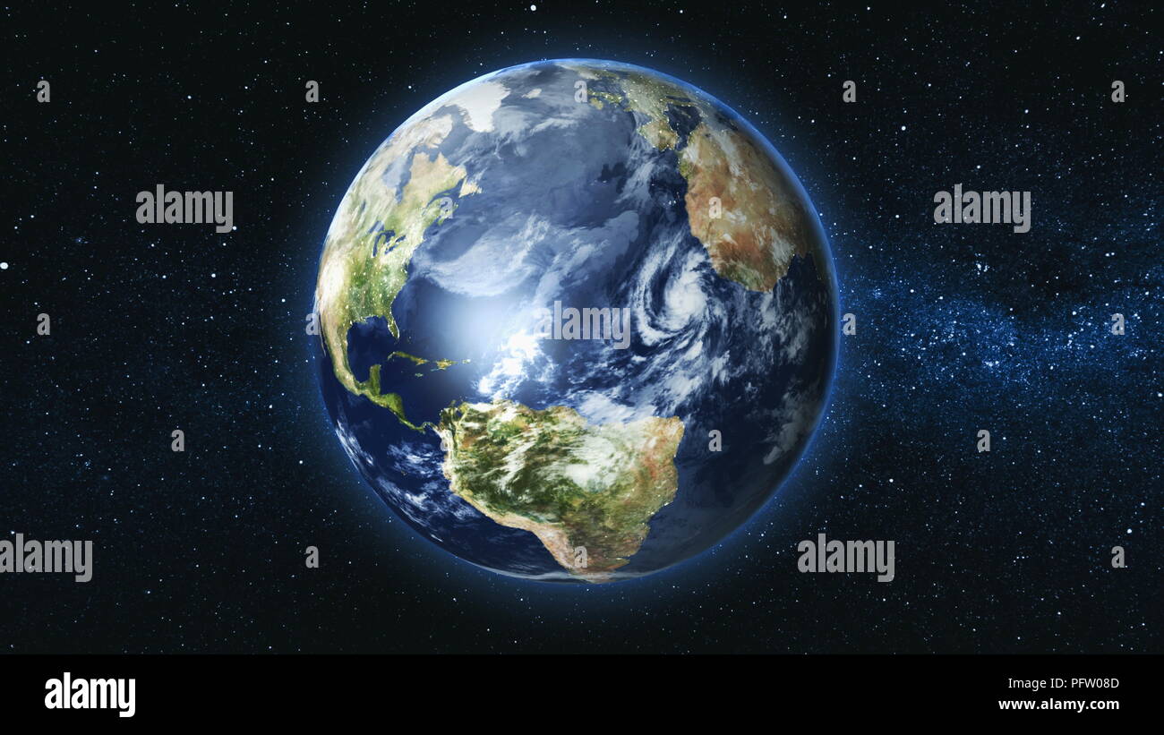 Realistic Earth Planet, rotating on its axis in space against the ...