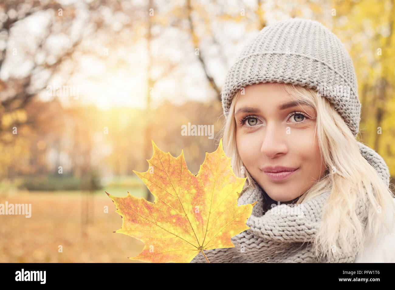 Beautiful Autumn Woman Holding Yellow Maple Leaf Outdoors Romantic