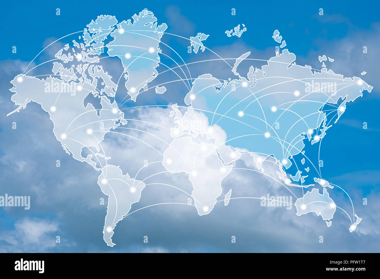Double exposure of world map and global network or wireless ...