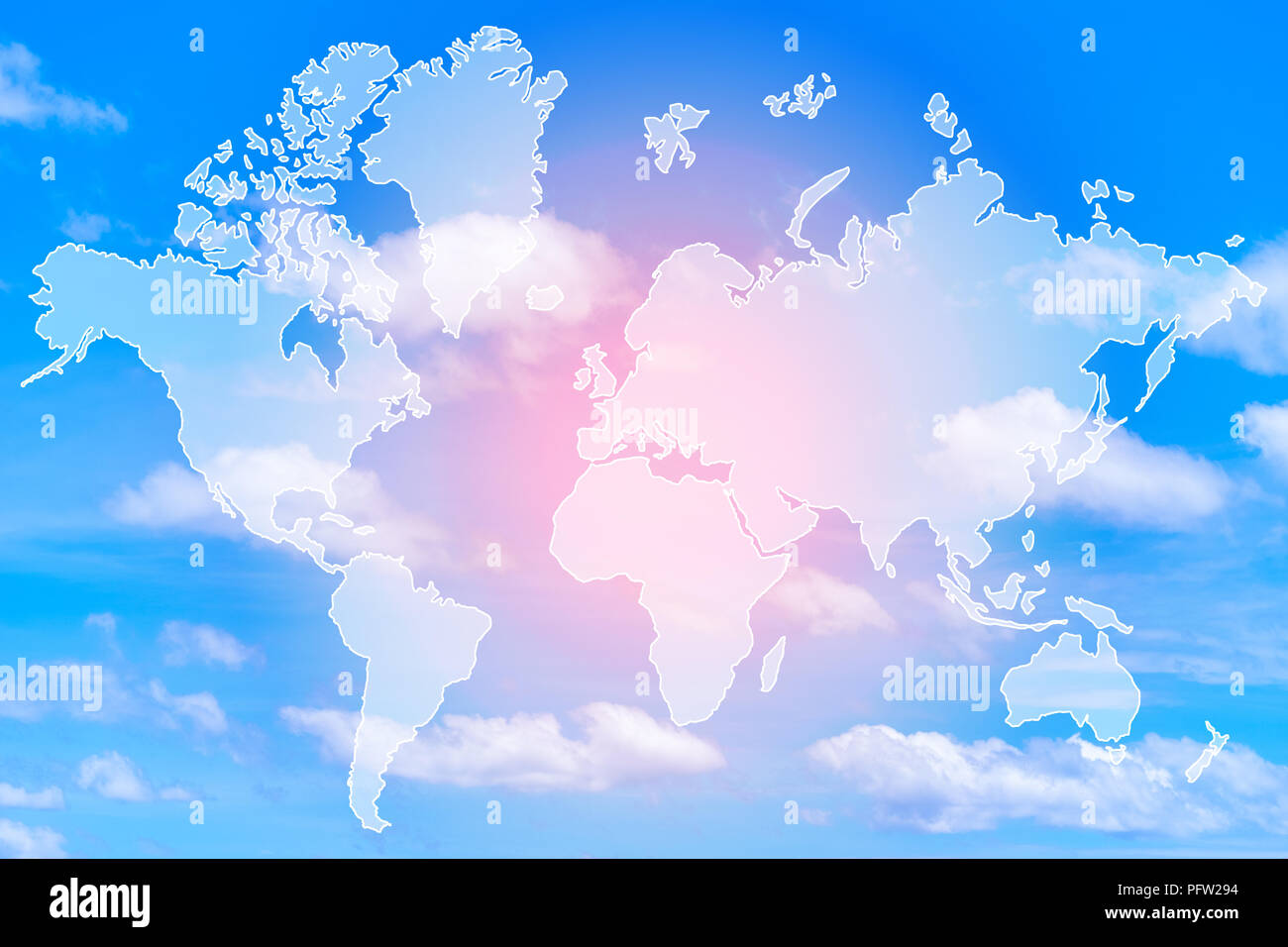 Double exposure of world map above sweet pastel colored cloud and sky ...