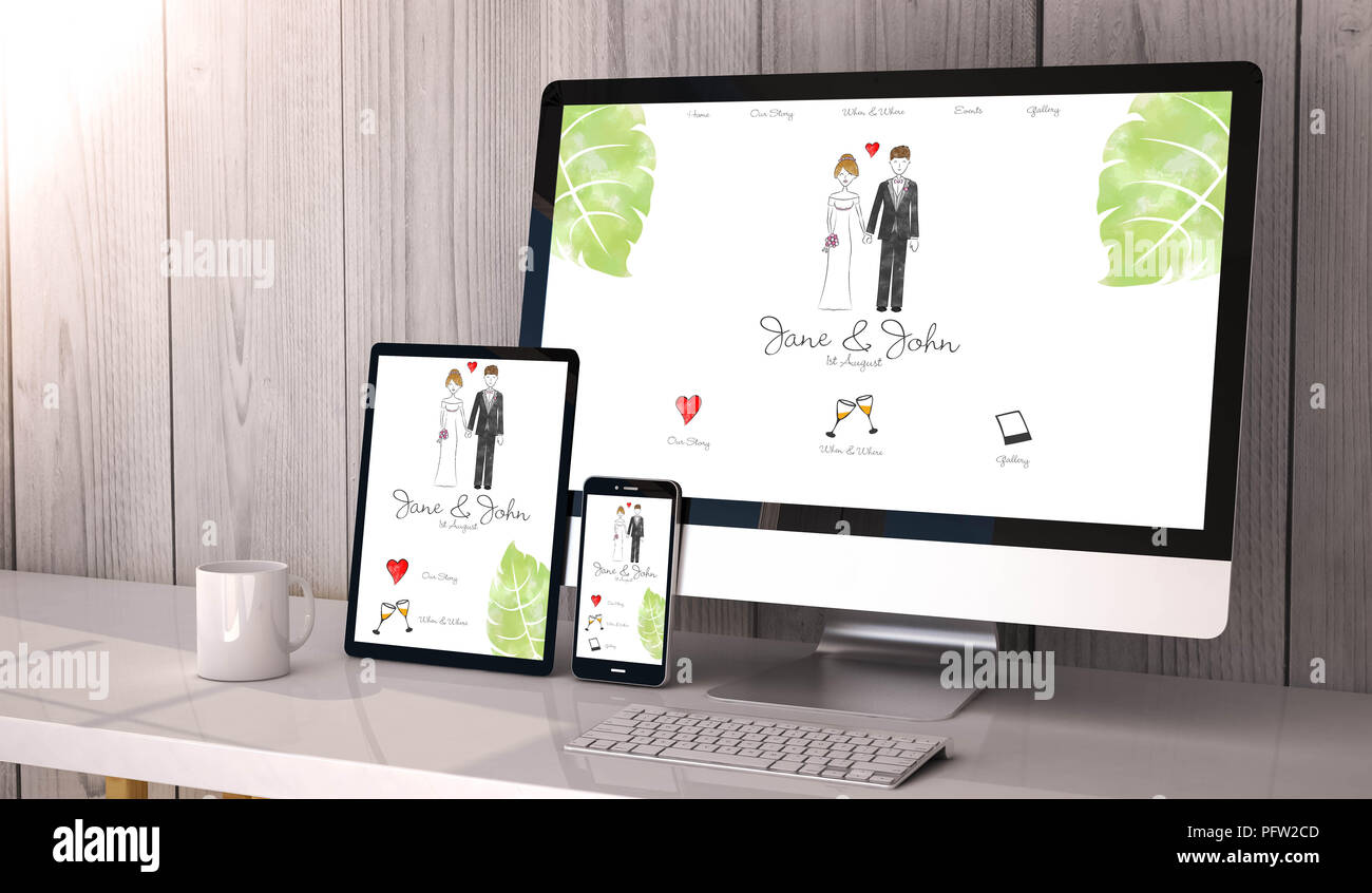 Digital generated devices on desktop, responsive wedding website design ...