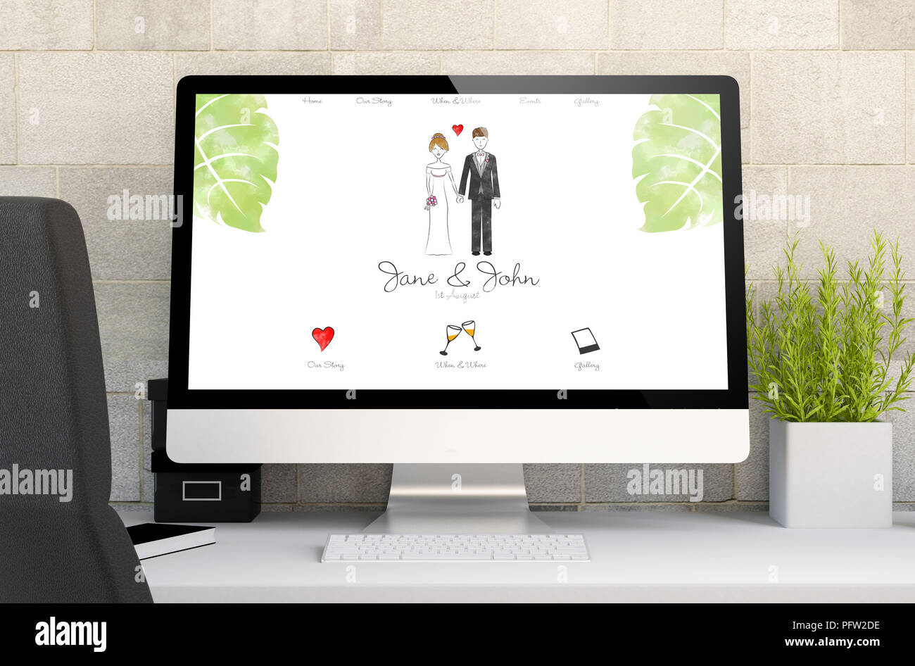 3d rendering of workspace with computer showing wedding website design ...