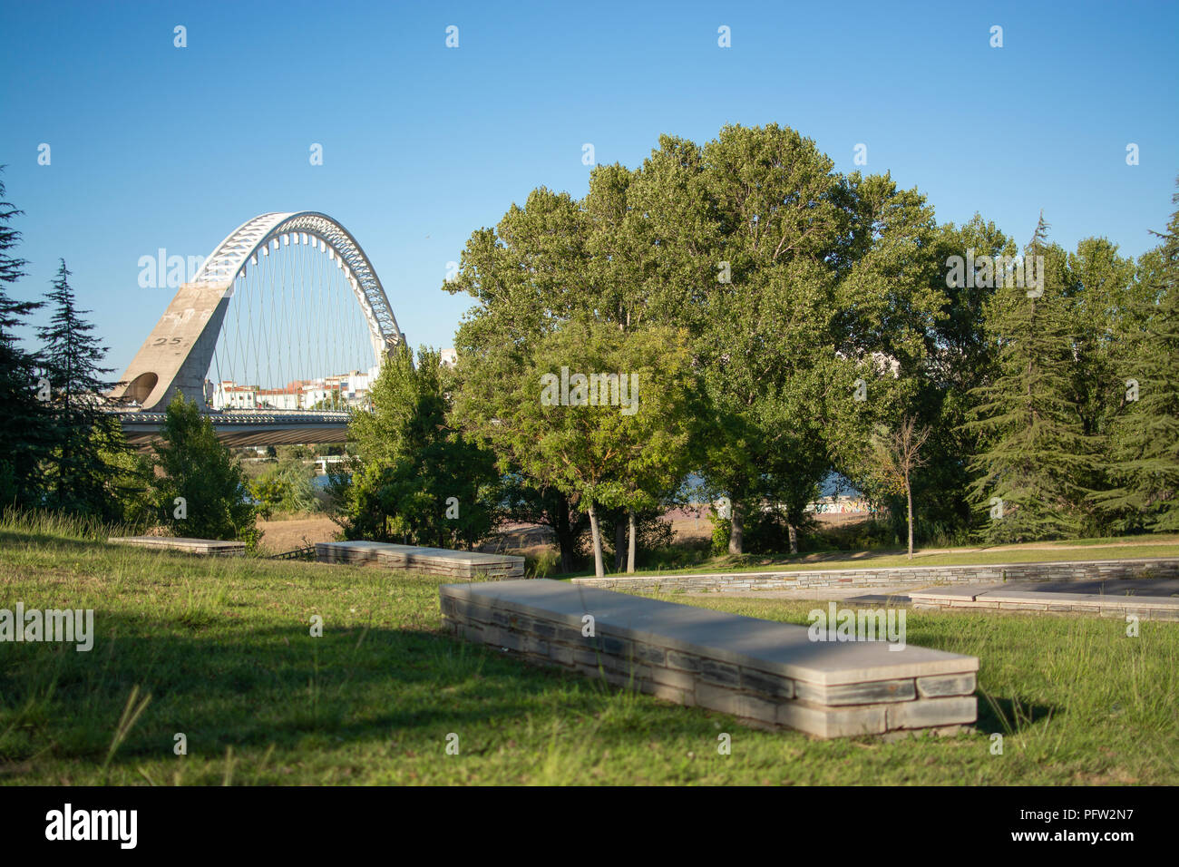 A view of Lusitania bridge in Merida from the Park "de las VII sillas ...