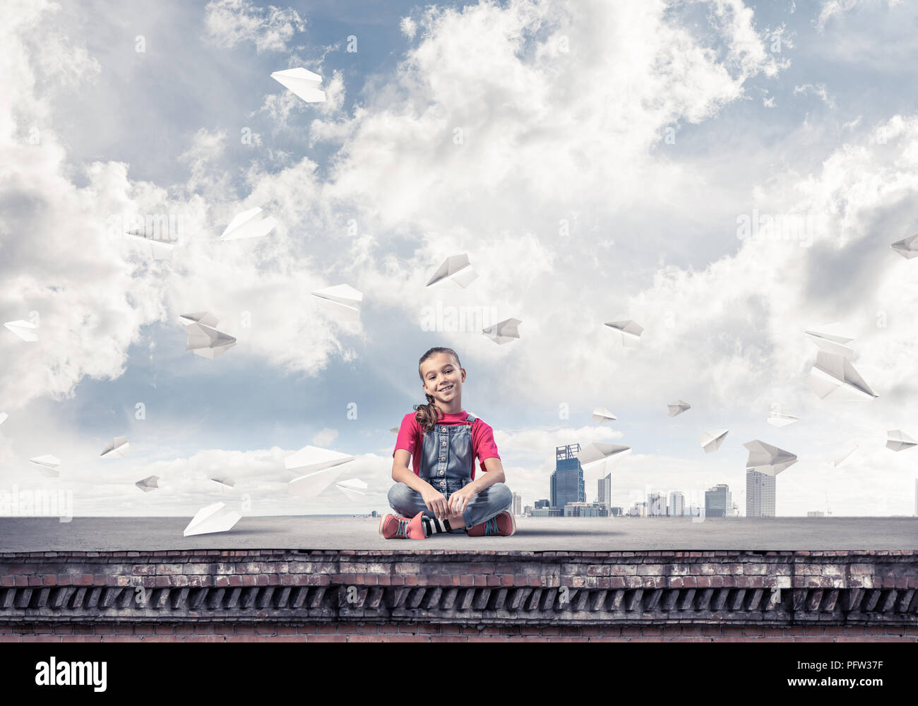 Concept of careless happy childhood with girl of school age smil Stock ...