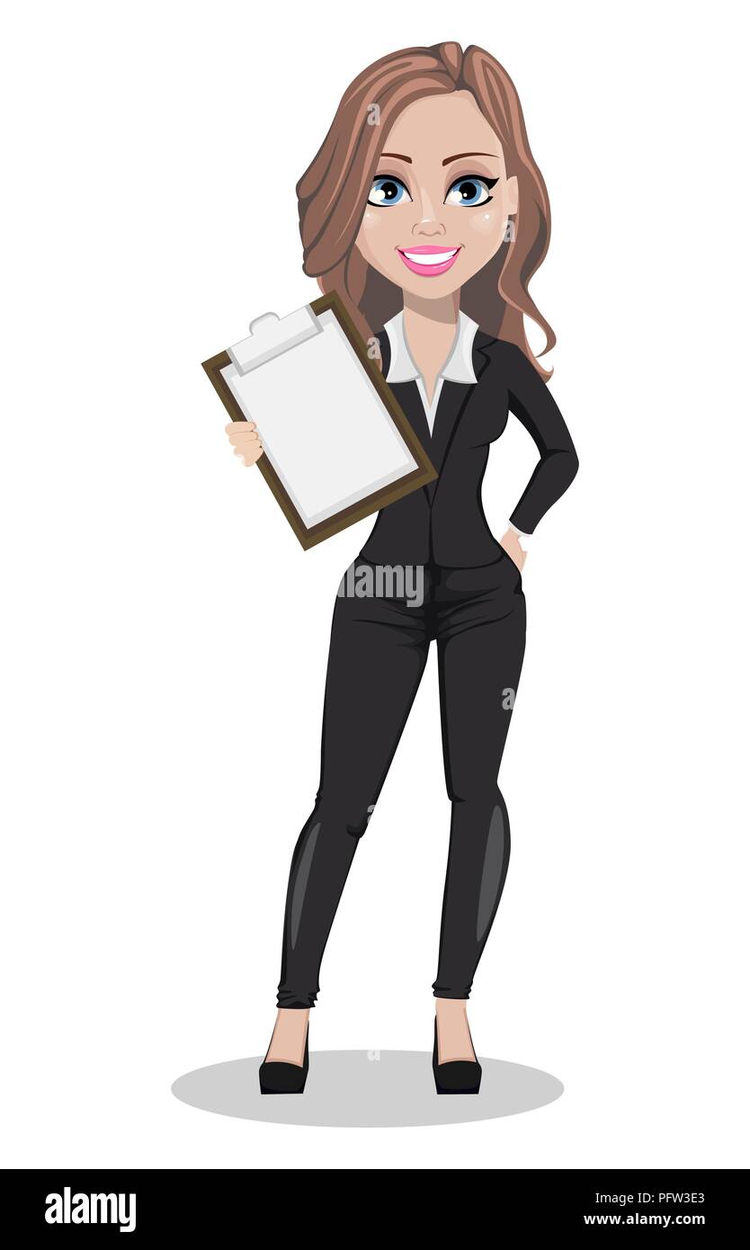 A real estate agent cartoon character. Beautiful realtor woman holding ...