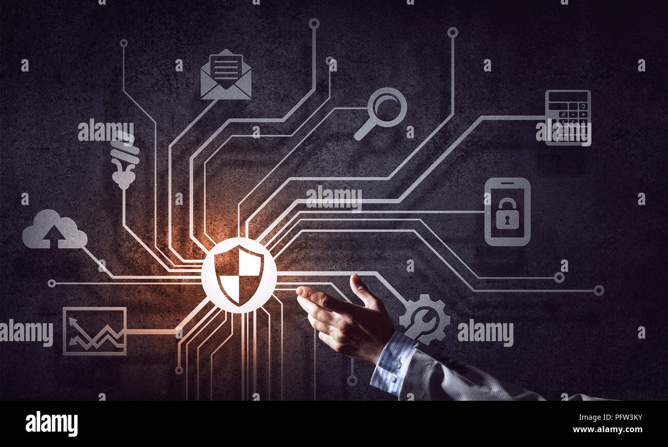 Close of businessman hand showing at user interface glowing on w Stock ...