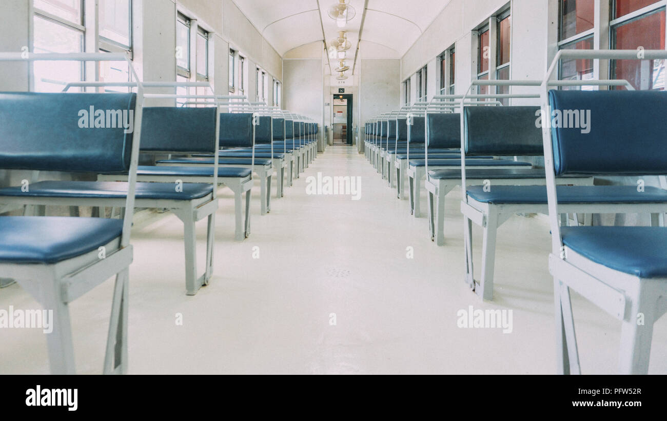 Row Blue Chairs in Hong Kong Railway Museum Stock Photo - Alamy