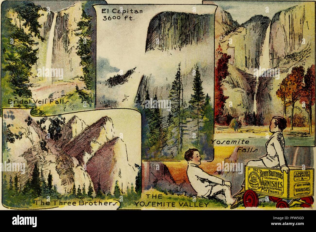 Color illustration depicting several images of the Yosemite Valley ...