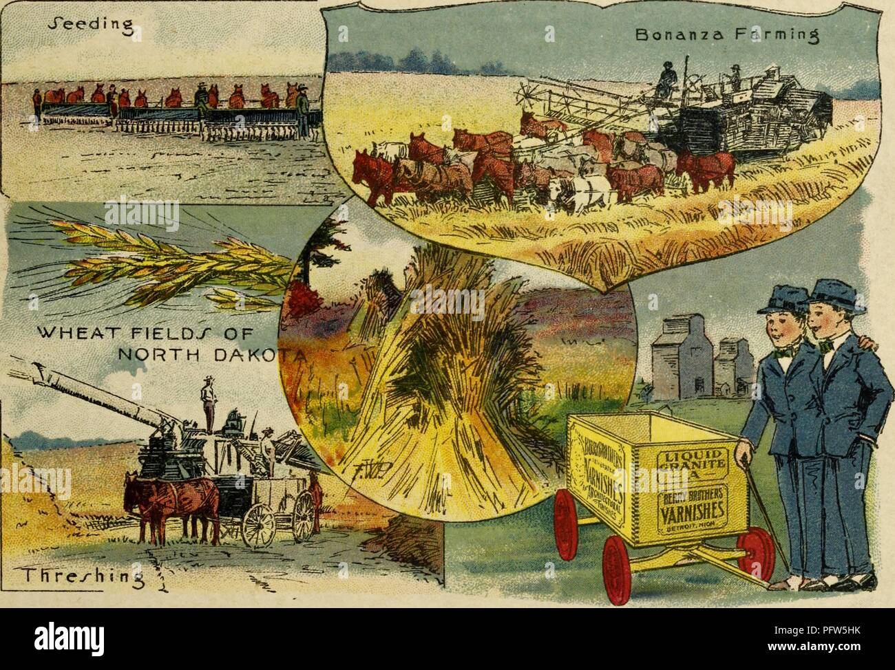 Color illustration depicting several images of farming in the 'Wheat ...