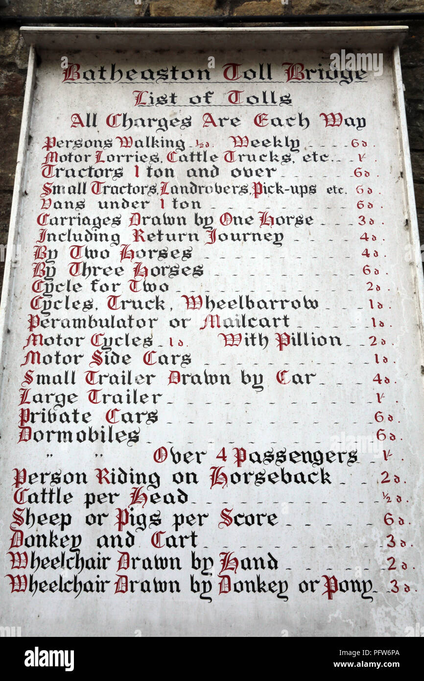 Tolls for crossing the Bathampton Toll Bridge from pre decimal years ...