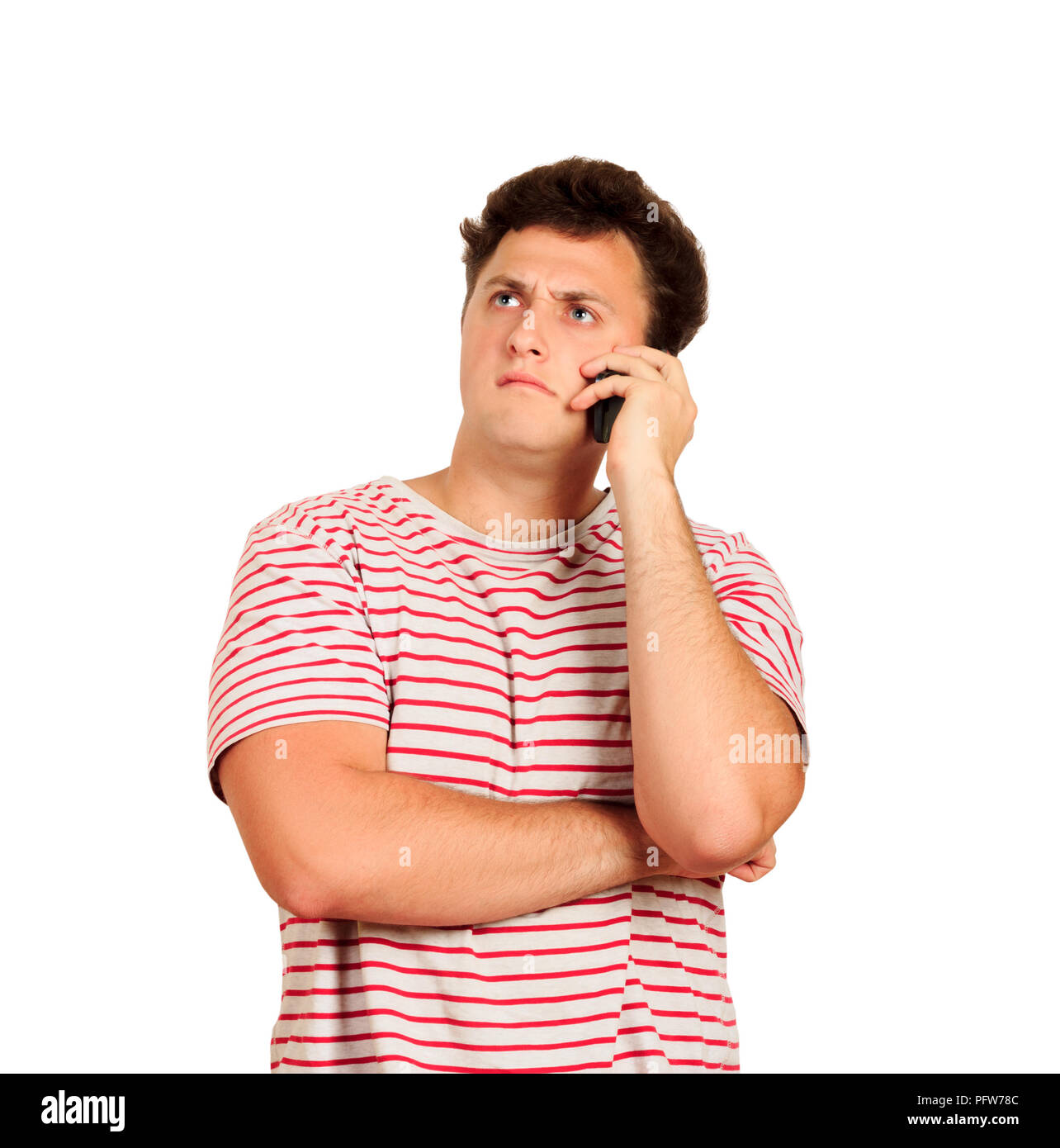 very serious guy talking on the phone. emotional guy isolated on white ...