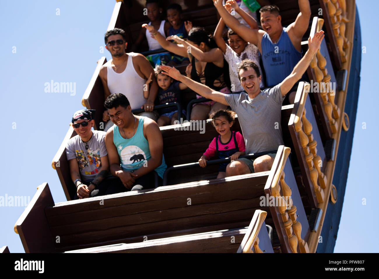 Riders enjoying the High Seas pirate ship ride at Six Flags America ...