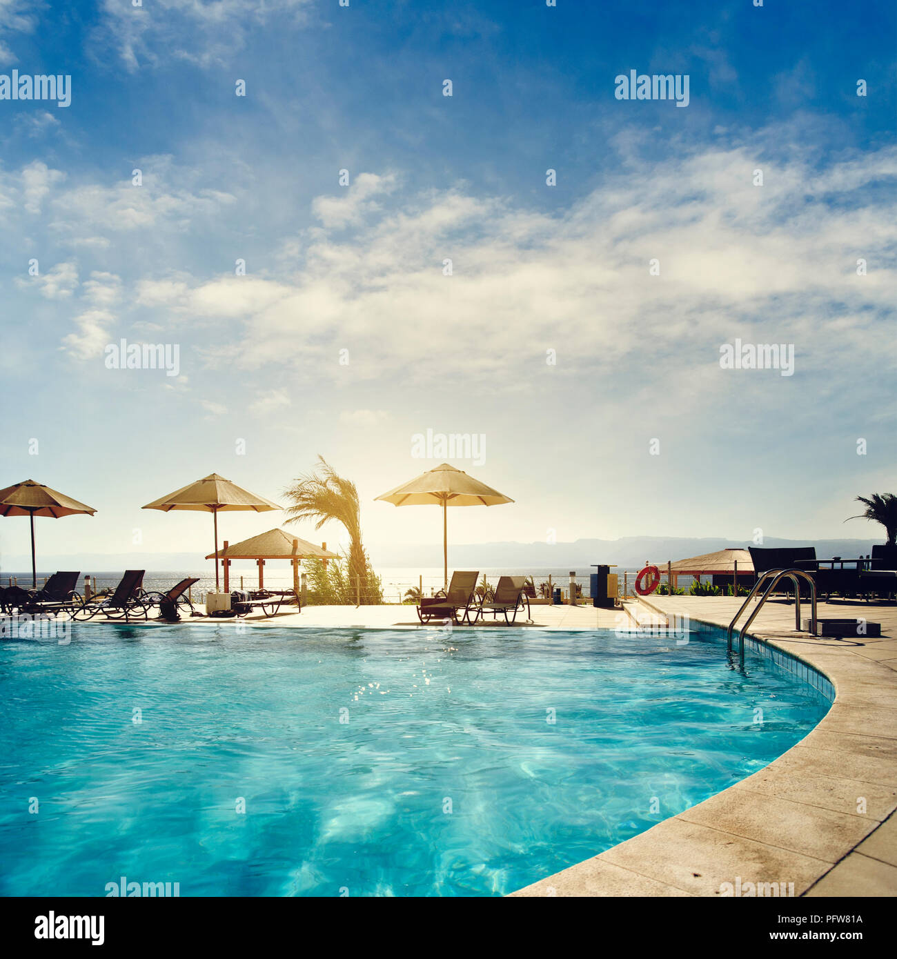Swimming pool in luxury hotel resort in Aqaba, Jordan. Middle east ...