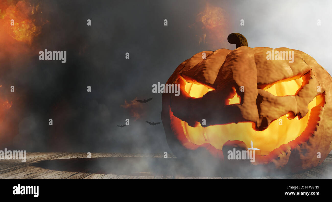 Halloween pumpkin background with fire flames and smoke 3d-illustration ...