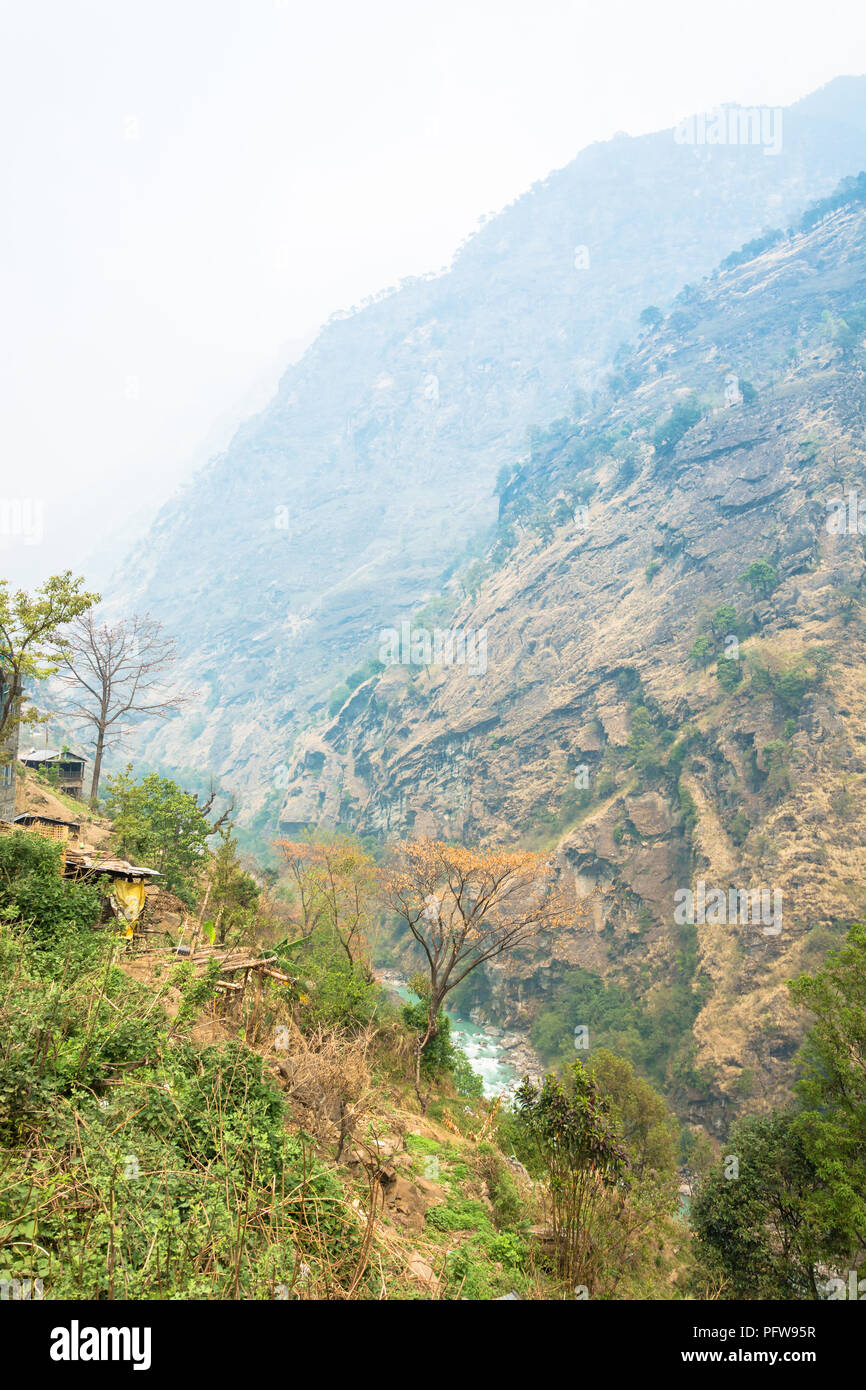 Mountain river in a deep gorge on a spring day, Himalayas, Nepal Stock ...