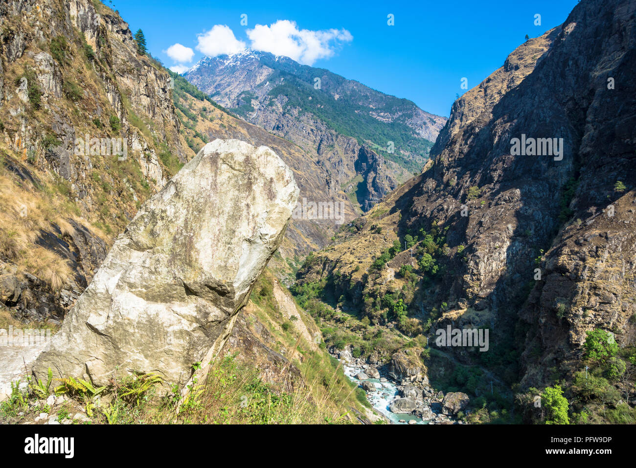 Beautiful mountain landscape with deep gorge in spring day, Himalayas ...