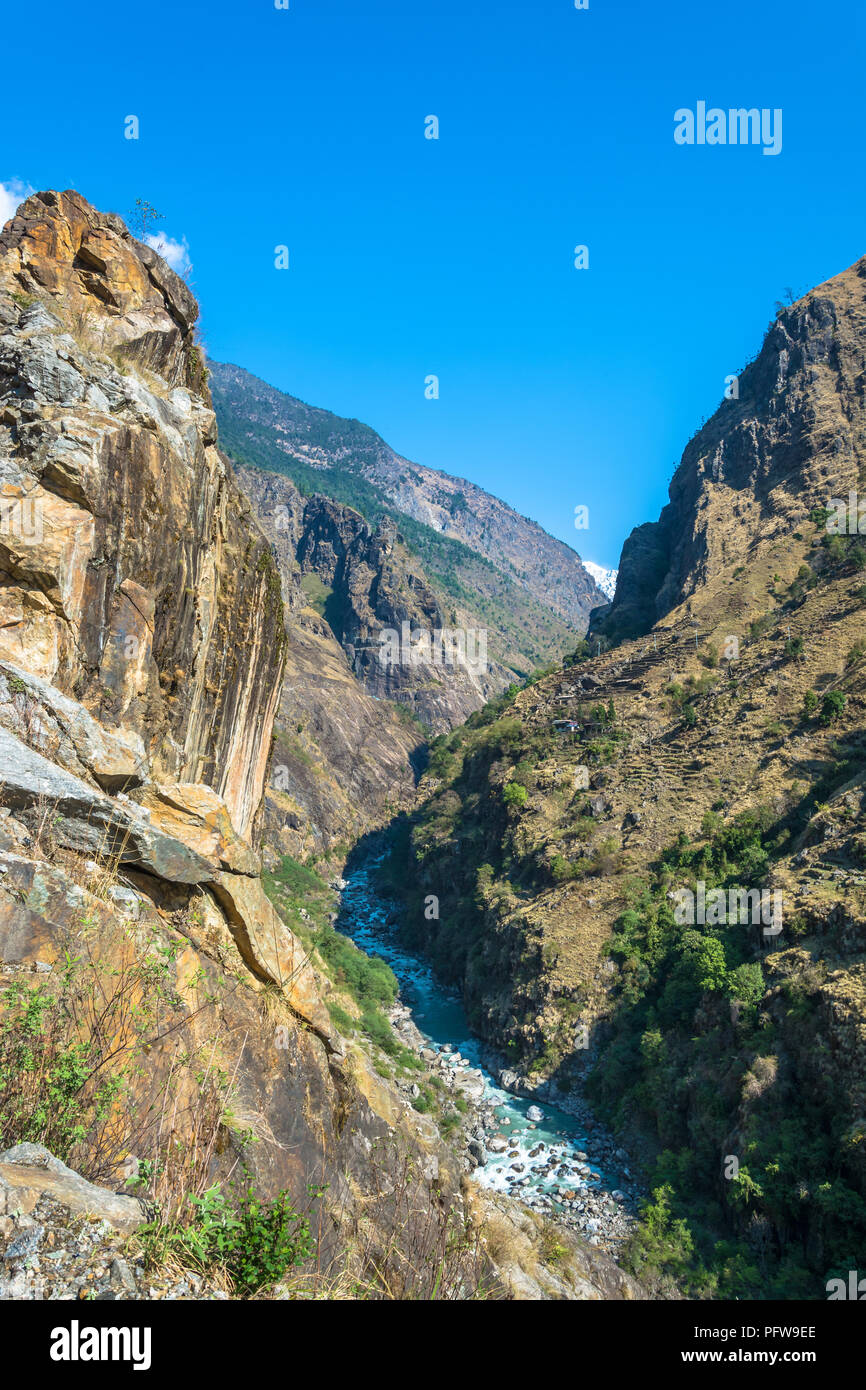 Beautiful mountain landscape with deep gorge in spring day, Himalayas ...