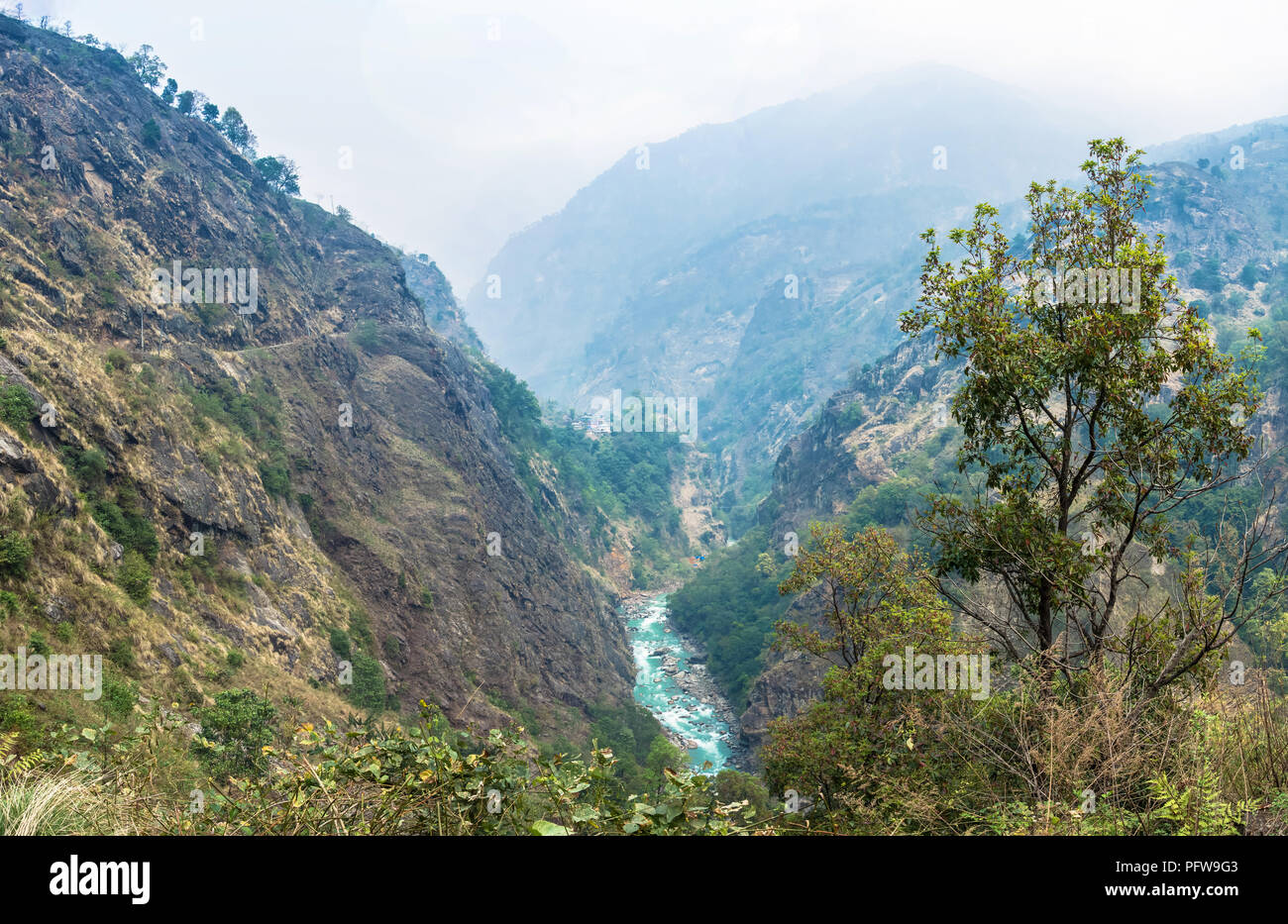 Mountain river in a deep gorge on a spring day, Himalayas, Nepal Stock ...
