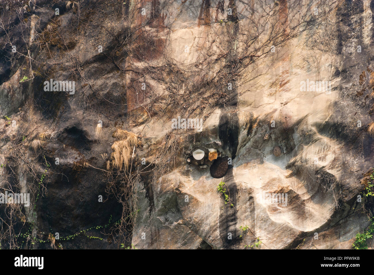 Unusual texture of a steep cliff on a spring day in the Himalayas ...