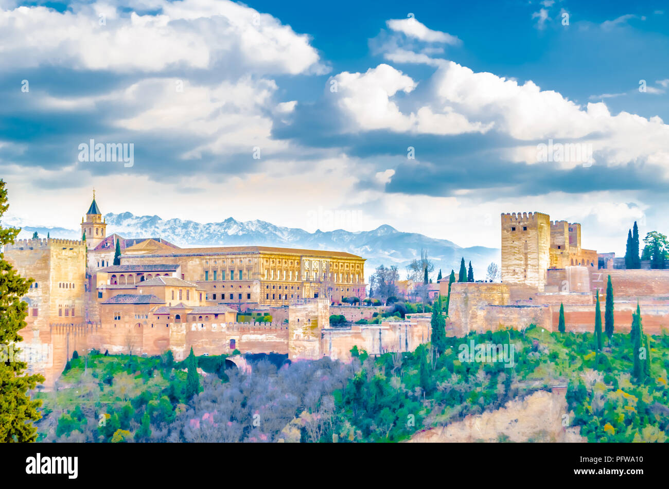 Cityscape of Granada, southern Spain, with the Alhambra Palace in the ...