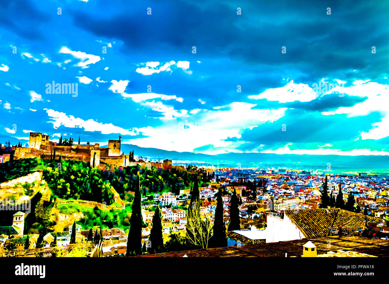 Cityscape of Granada, southern Spain, with the Alhambra Palace in the ...