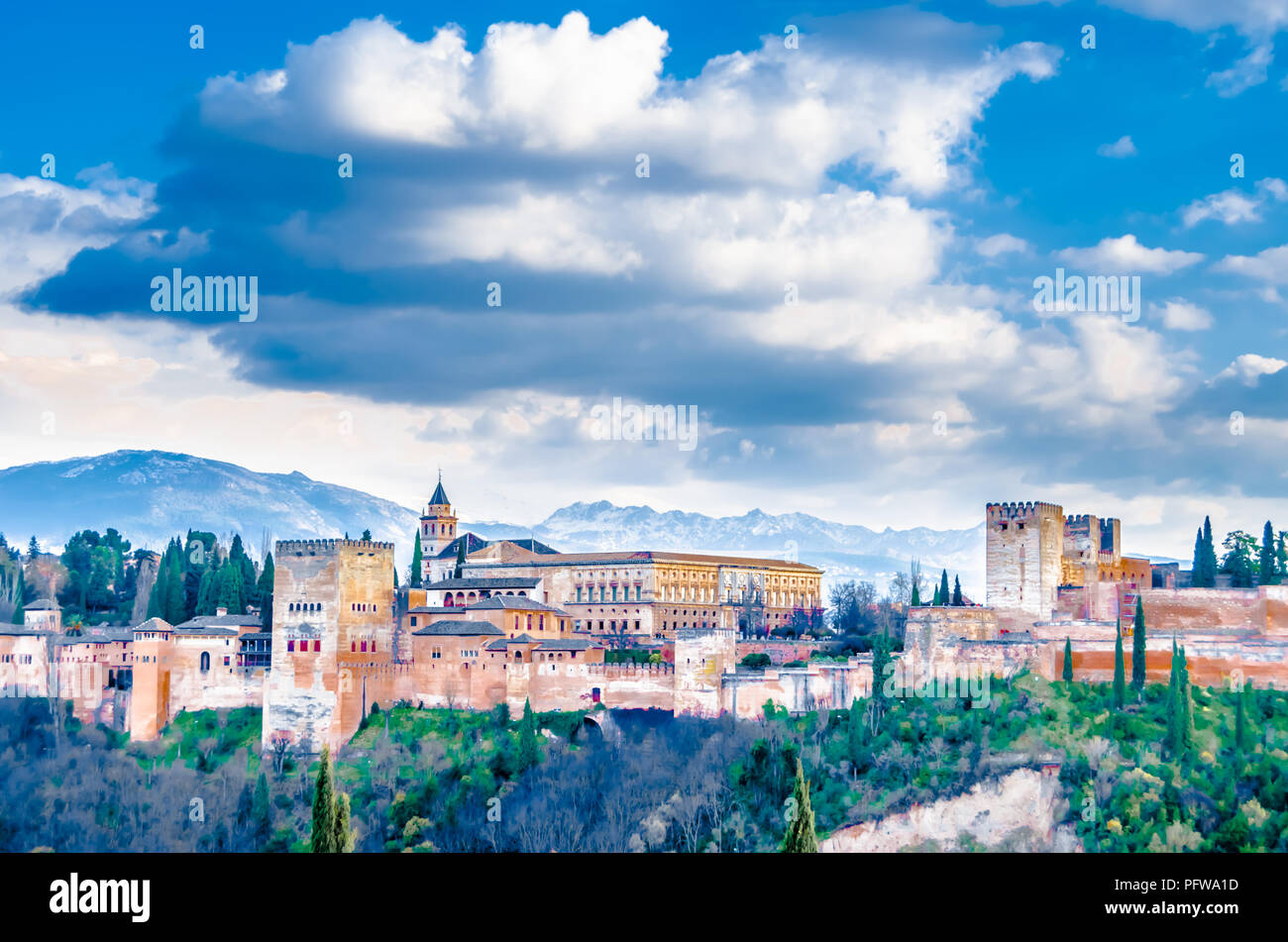 Cityscape of Granada, southern Spain, with the Alhambra Palace in the ...