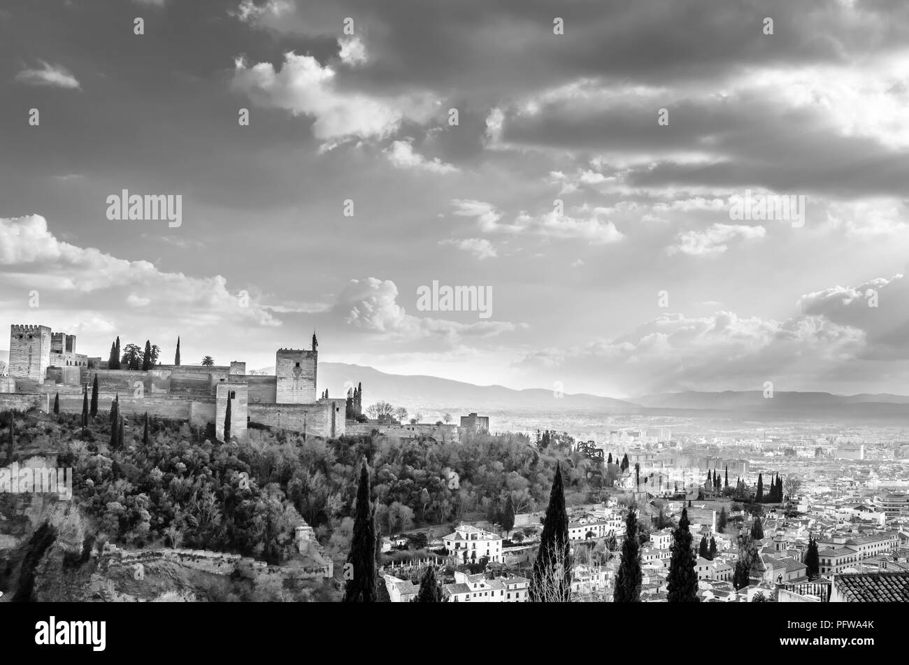 Cityscape of Granada, southern Spain, with the Alhambra Palace in the ...