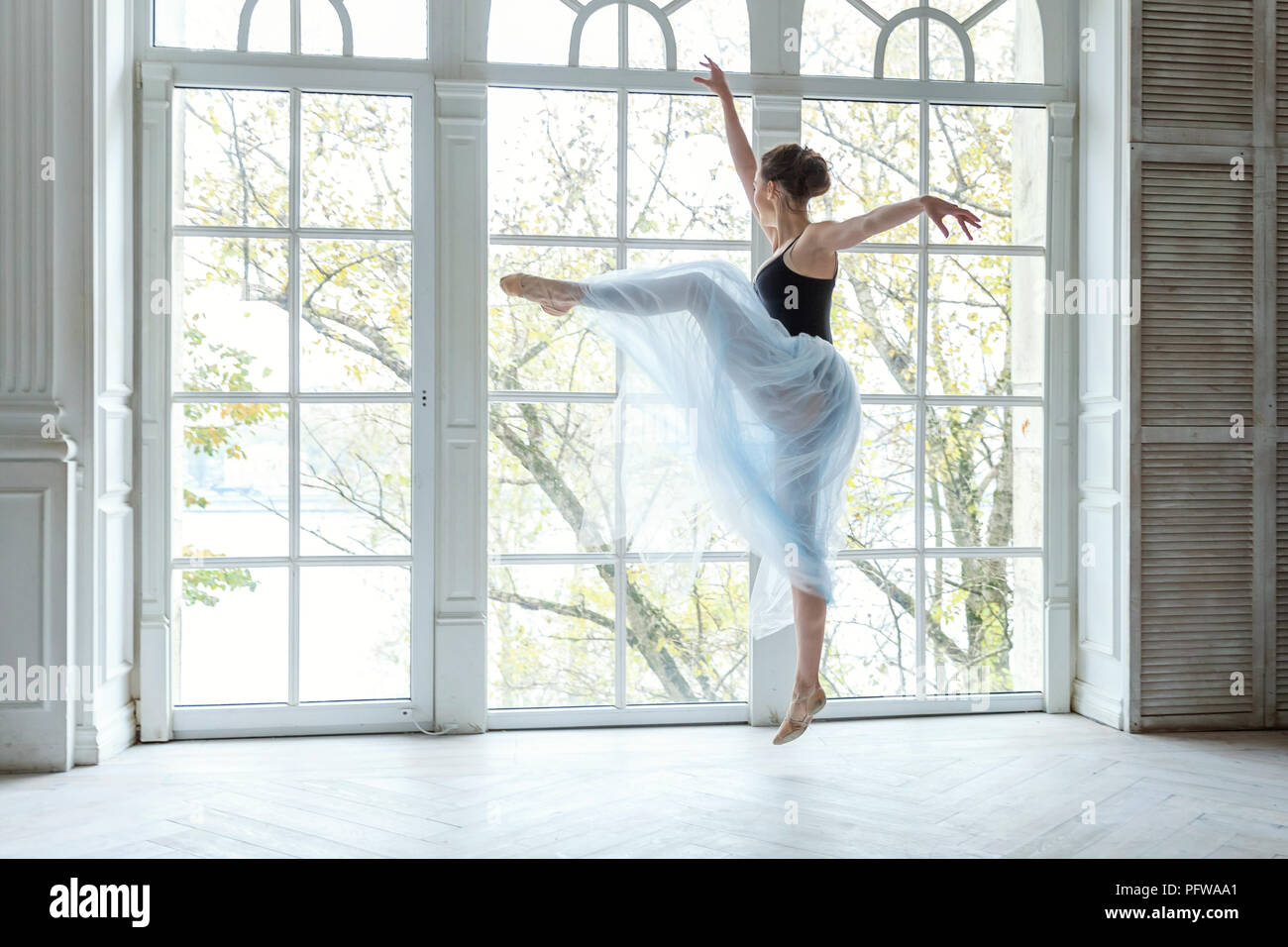 Ballerina in a blue ballet skirt. Beautiful graceful ballerine practice ballet positions in tutu ...