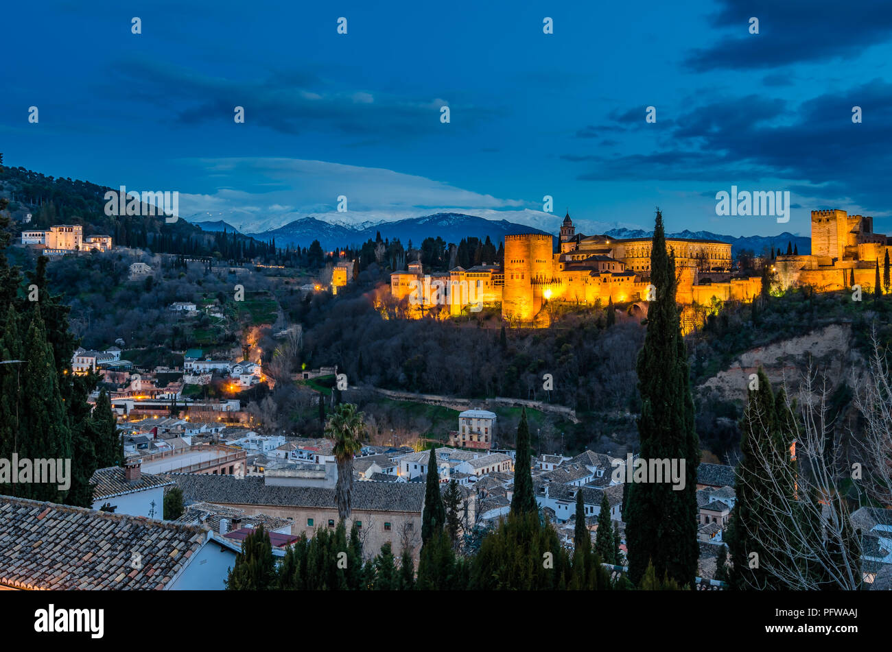 Cityscape of Granada, southern Spain, with the Alhambra Palace in the ...