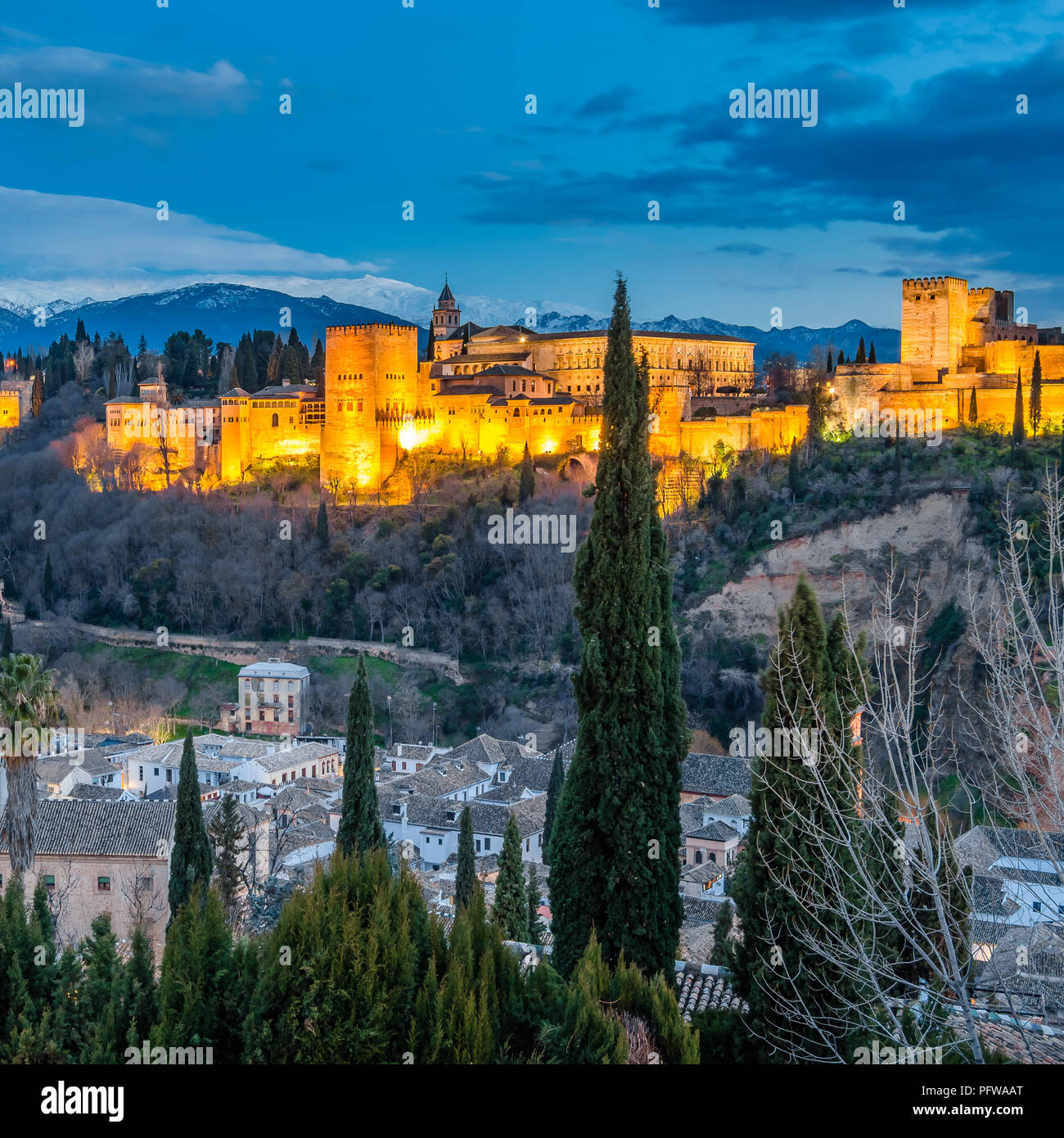 Cityscape of Granada, southern Spain, with the Alhambra Palace in the ...