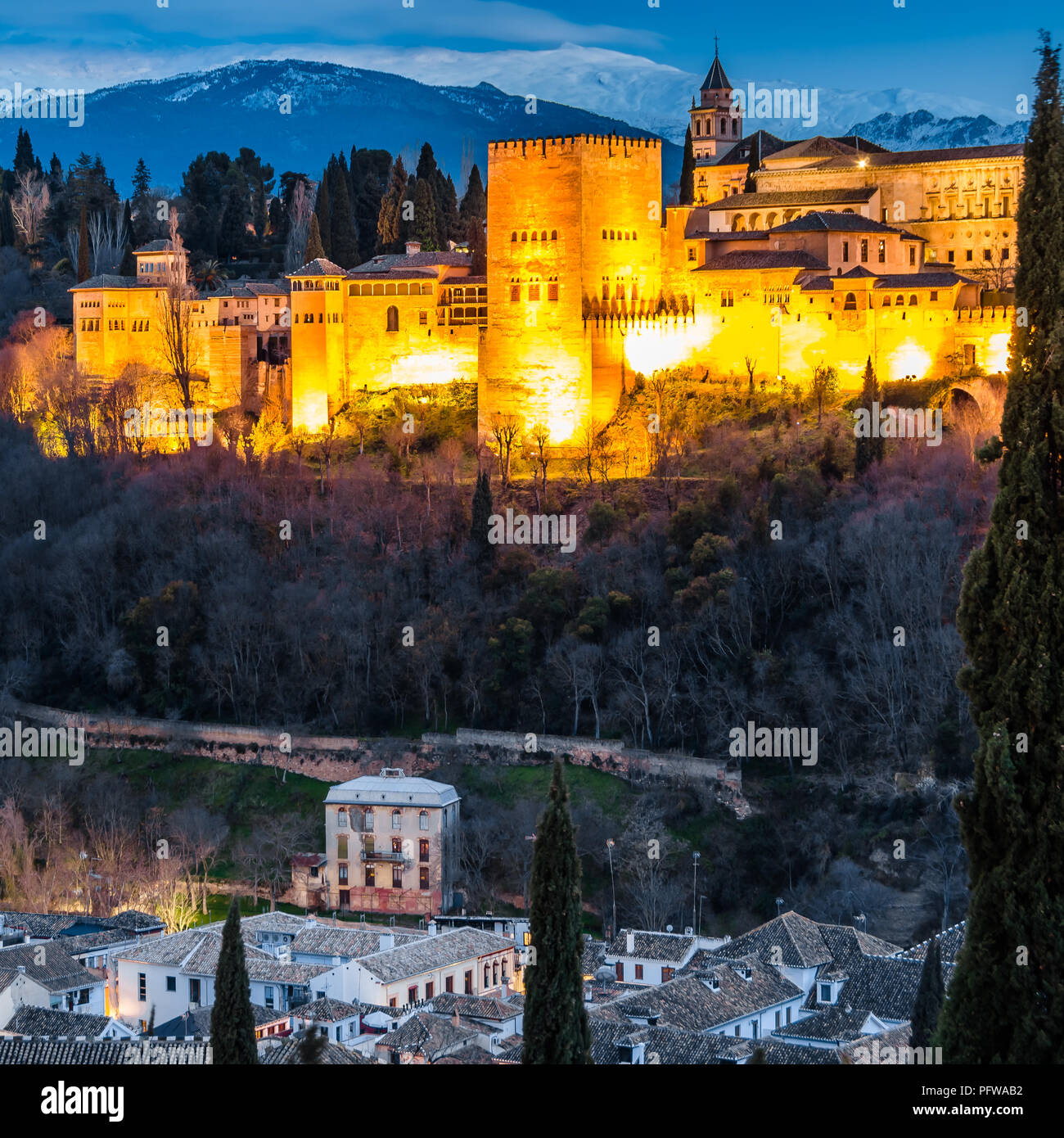 Cityscape of Granada, southern Spain, with the Alhambra Palace in the ...